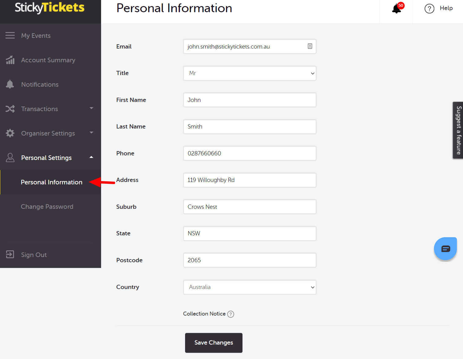 Edit personal and billing information
